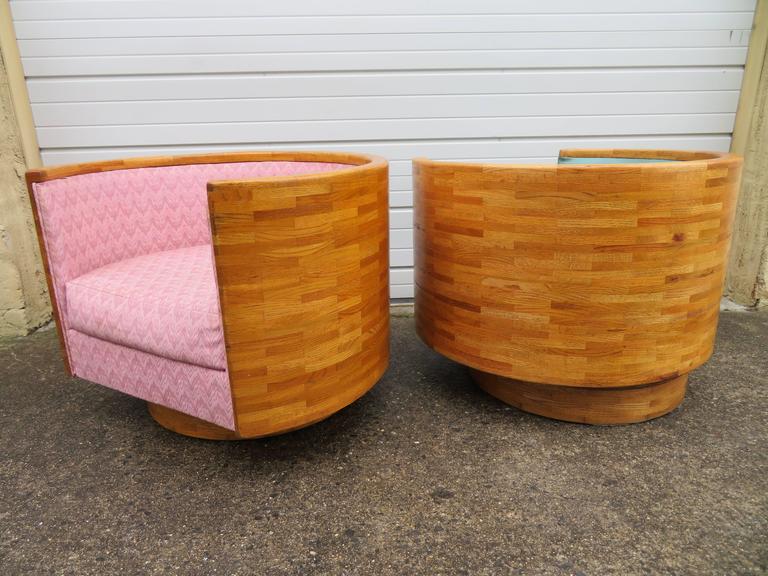 Pair of Butcher Block Milo Baughman Style Barrel Back Lounge Chairs ...