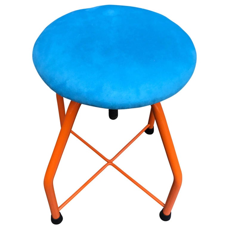 Industrial Orange Powder Coated Blue Suede Stool For Sale at 1stDibs