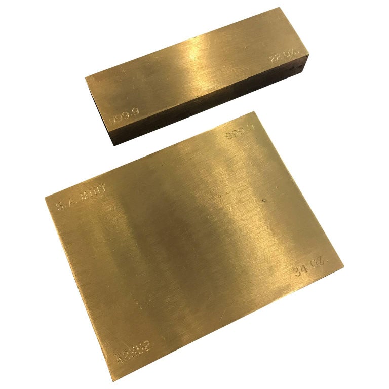 Set Of Two Gold Bar Style Brass Paperweights at 1stDibs