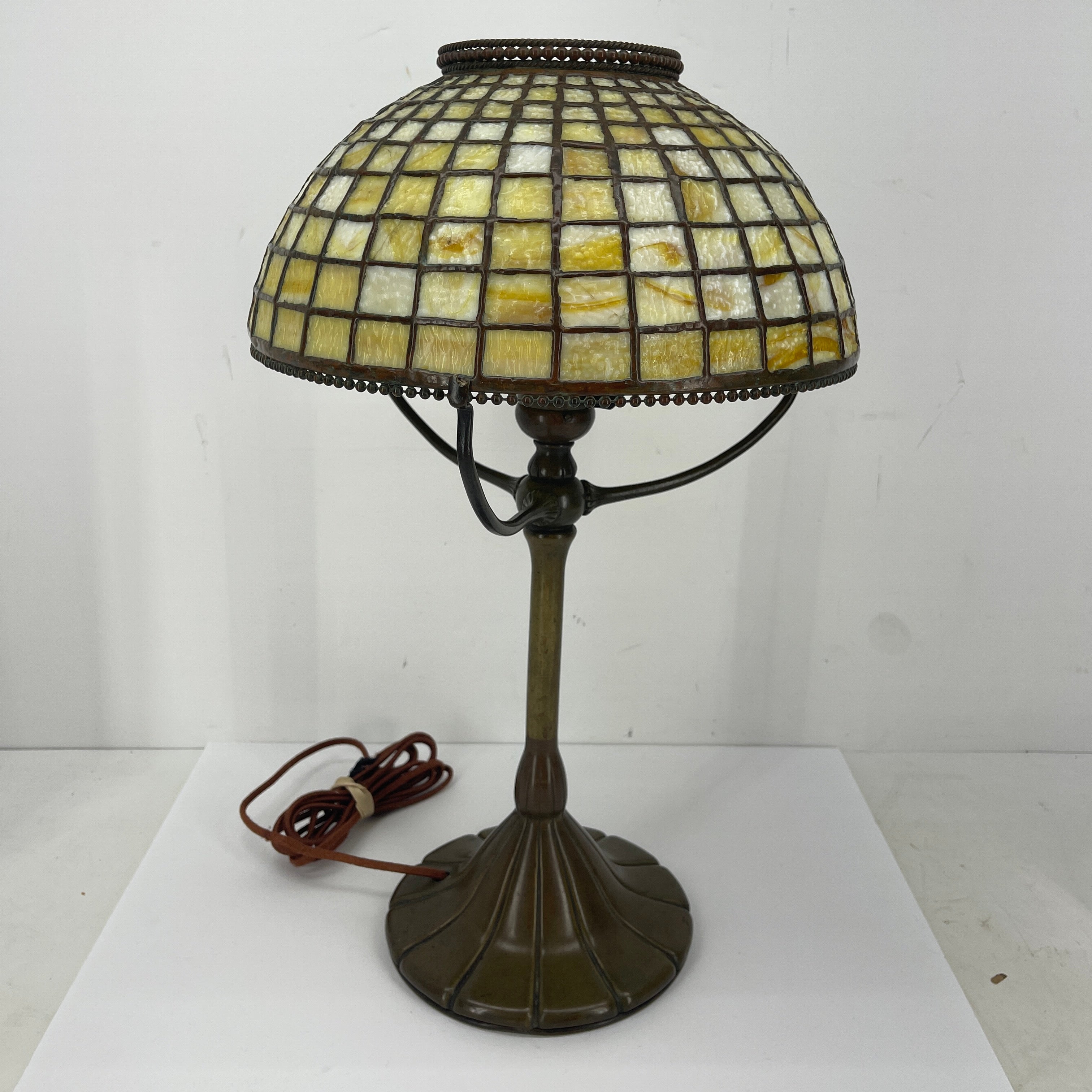 Signed Tiffany Studios Harp Lamp with Original Pulled Feather Glass ...