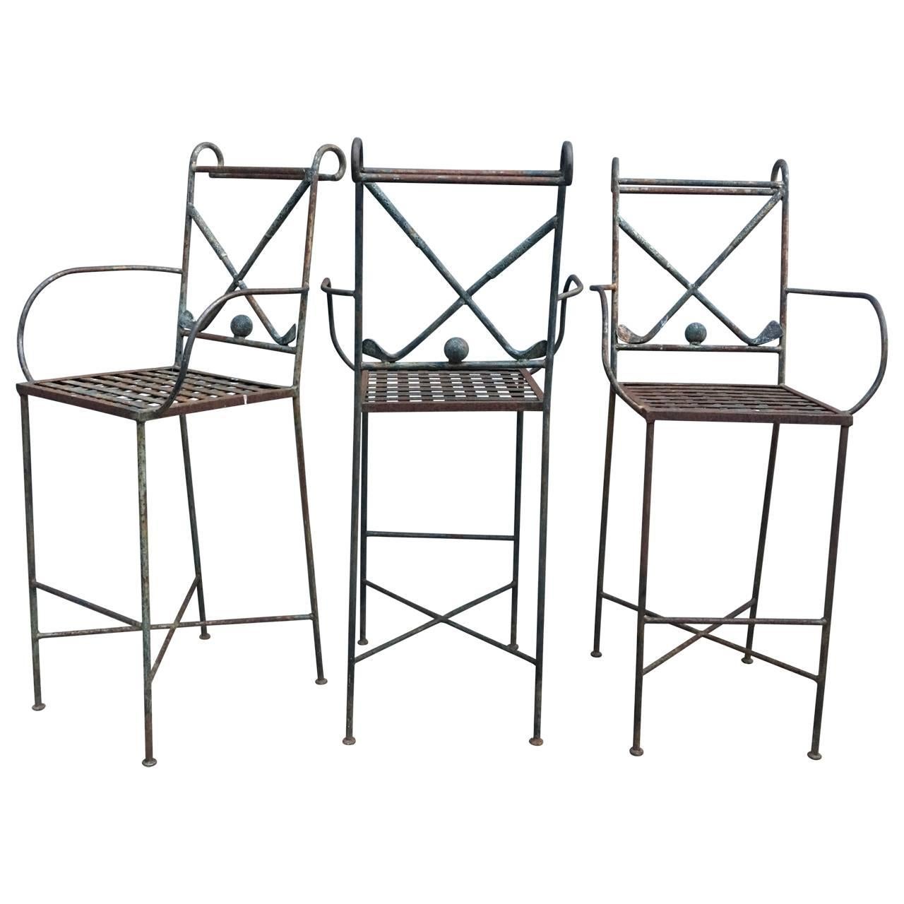 Set Of 3 Metal Golf-Themed Bar Stools With White Pillows For Sale at ...