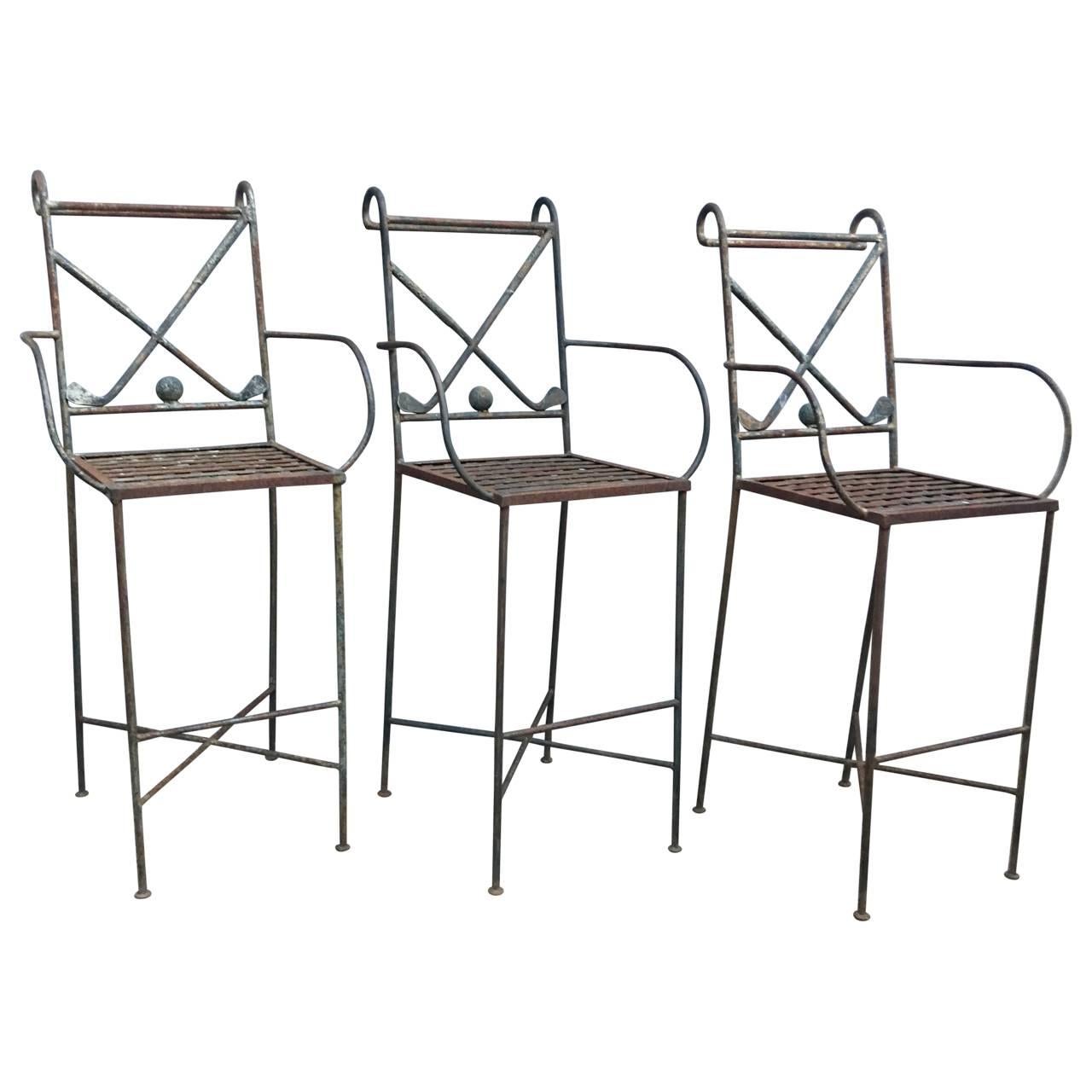 Set Of 3 Metal Golf-Themed Bar Stools With White Pillows For Sale at ...