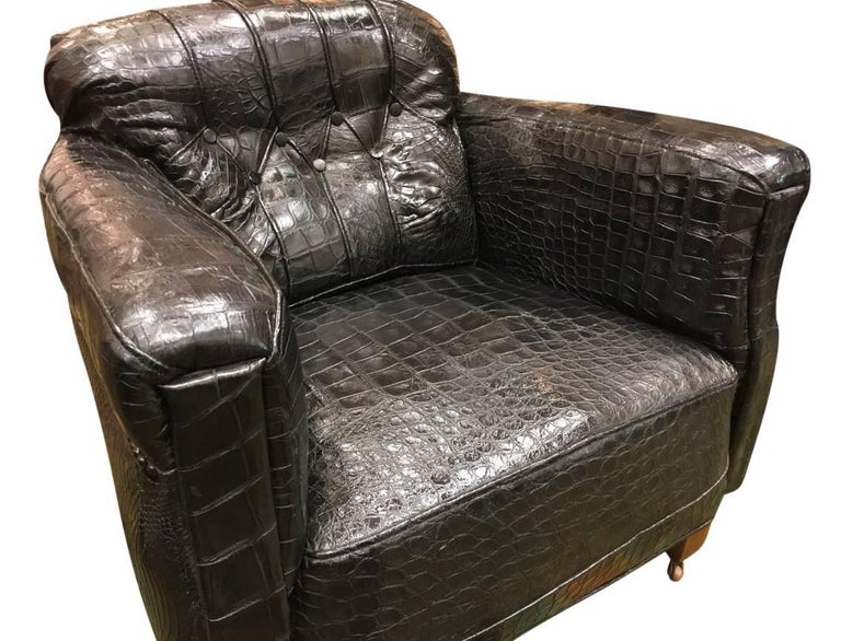 Pair of French Art Deco Framed Black Alligator Upholstered Lounge ...