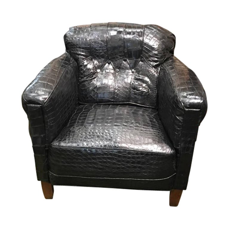 Pair of French Art Deco Framed Black Alligator Upholstered Lounge ...