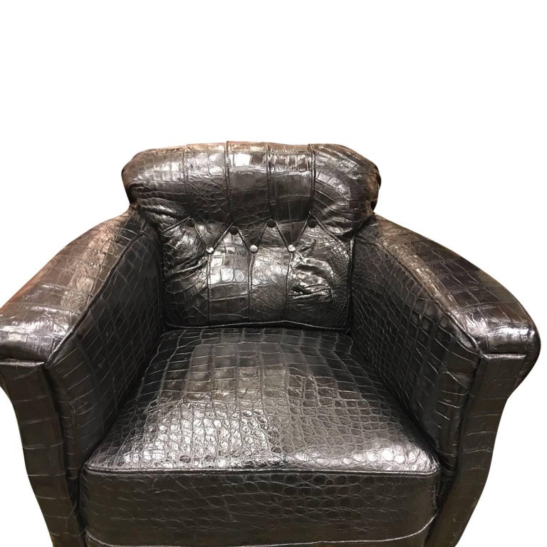 Pair of French Art Deco Framed Black Alligator Upholstered Lounge ...