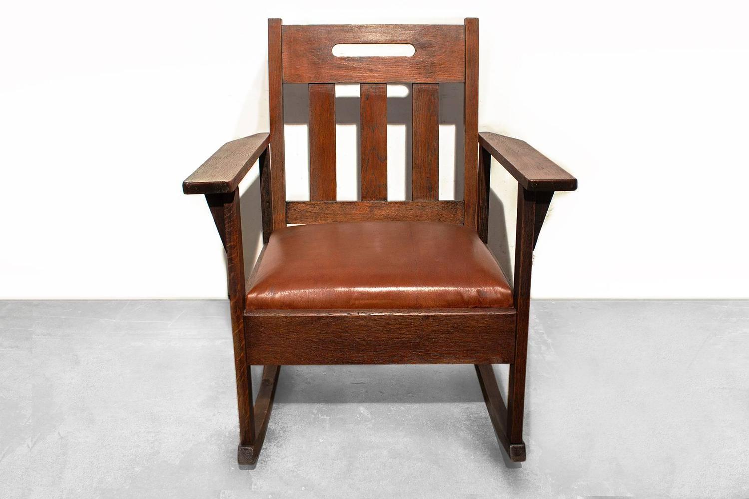 Stickley Style Rocking Chair with Brown Leather, circa 1925 For Sale at ...