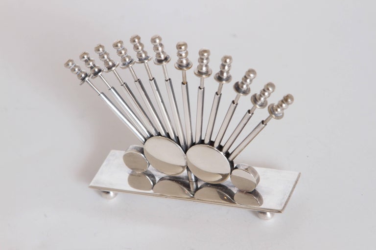 Machine Age Art Deco Eberle Silver Plate Cocktail Pick Set at 1stDibs