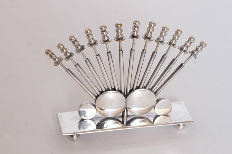 Machine Age Art Deco Eberle Silver Plate Cocktail Pick Set at 1stDibs