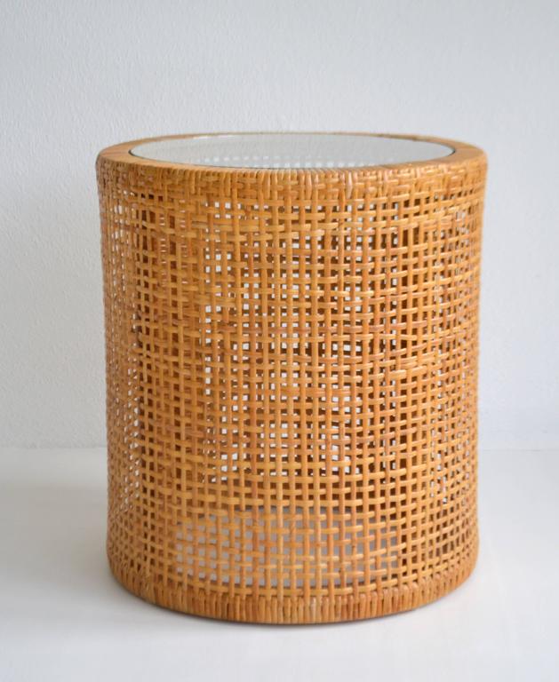 Midcentury Woven Cane Drum Form Side Table at 1stDibs