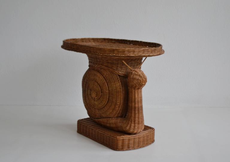Mid-Century Italian Woven Rattan Snail Form Side Table at 1stDibs