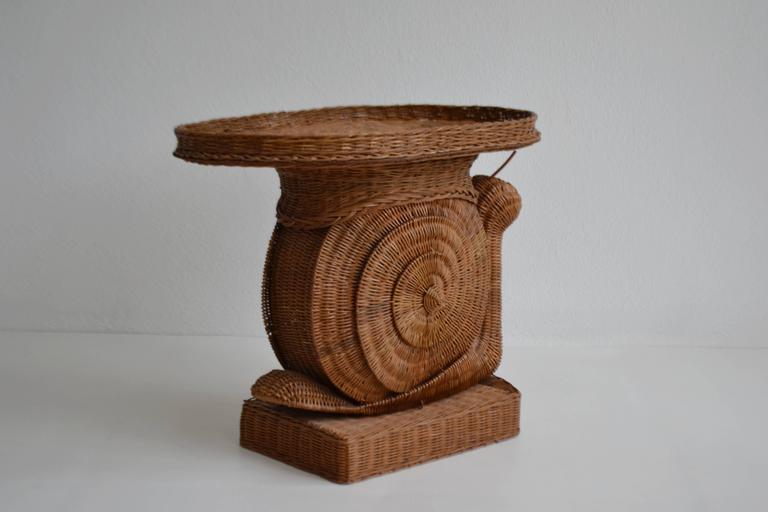 Mid-Century Italian Woven Rattan Snail Form Side Table at 1stDibs