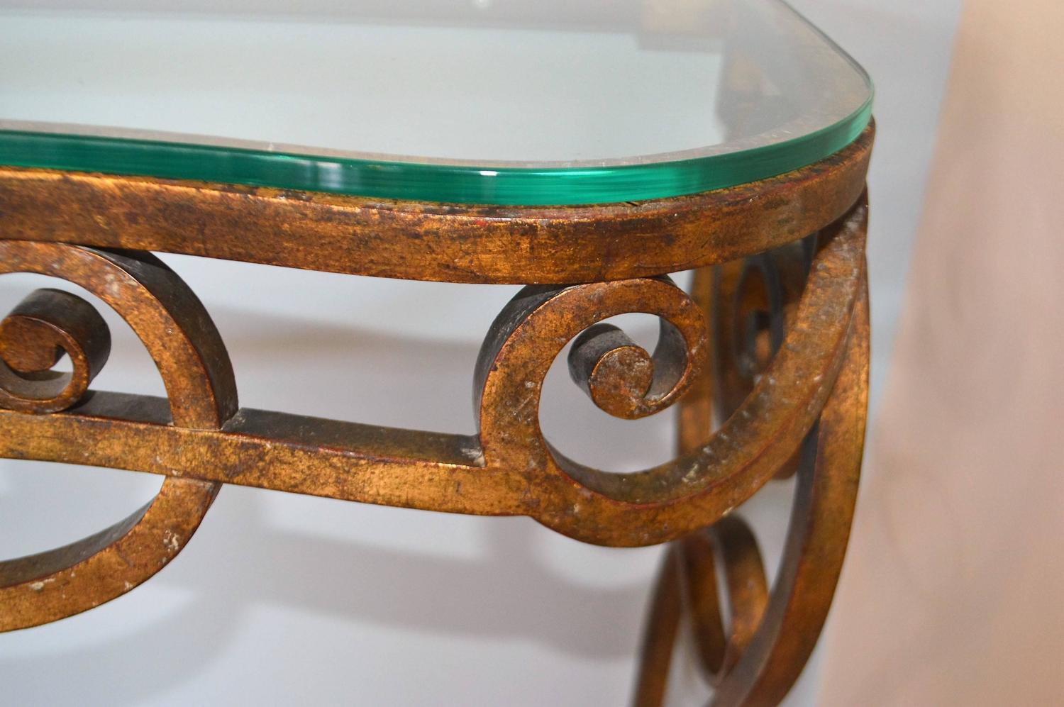 Wrought Iron Gilded Console Table with Glass Top For Sale at 1stdibs