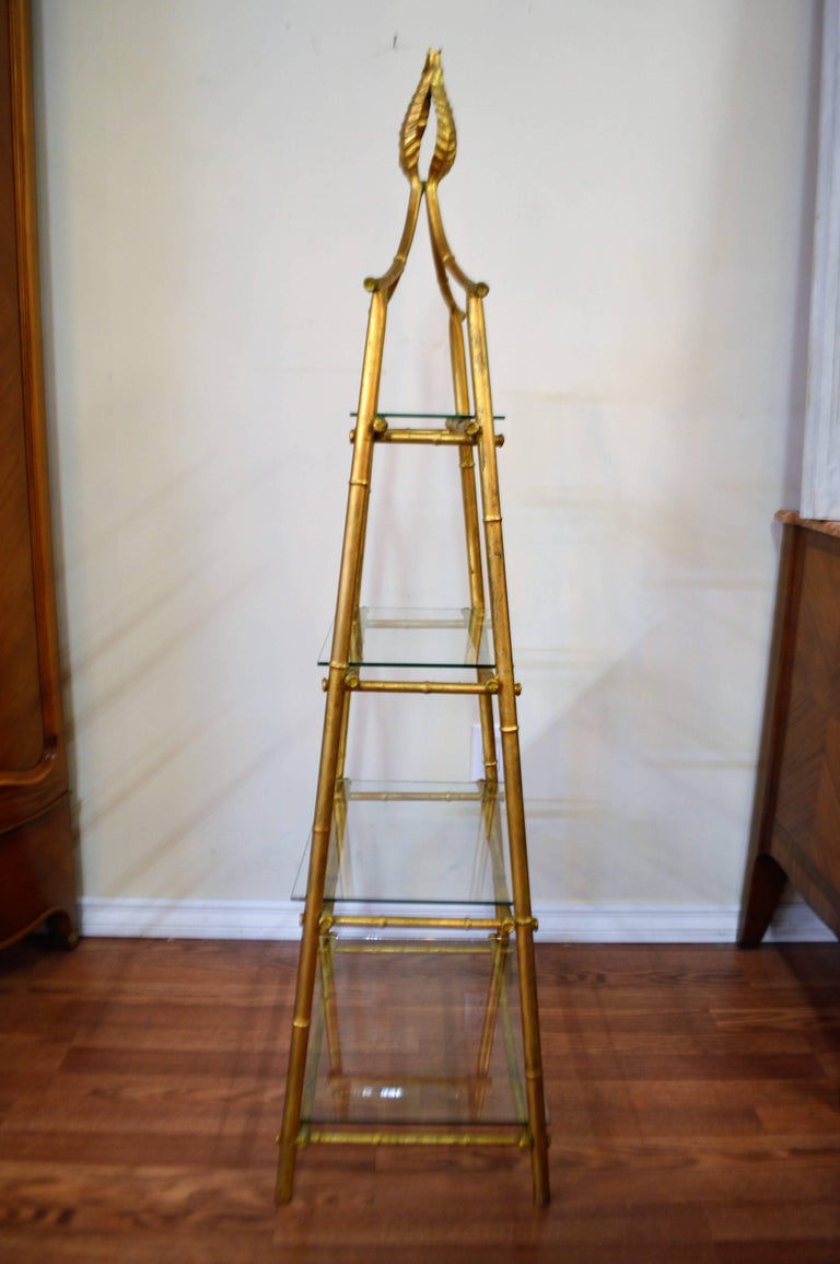 Pair of Gilded Bamboo Metal, Pyramid Shape Bookcases with Glass Shelves ...