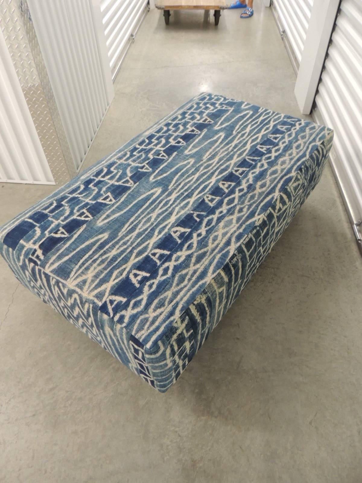 Large African Blue and Natural Ndop Textile Upholstered Ottoman at 1stDibs