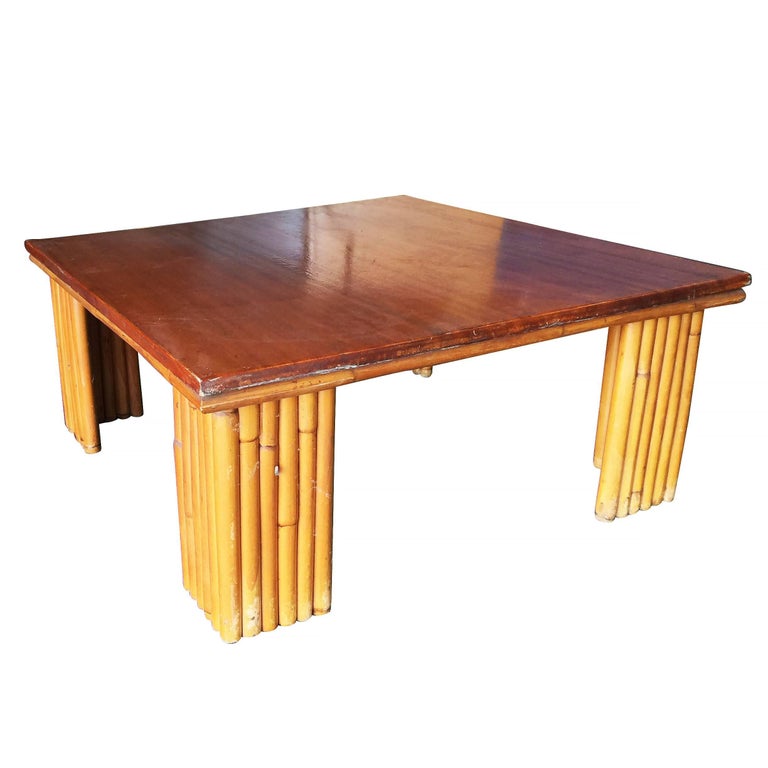 Restored Corner Side Table Two-Tier Pole Rattan with Mahogany Top and ...