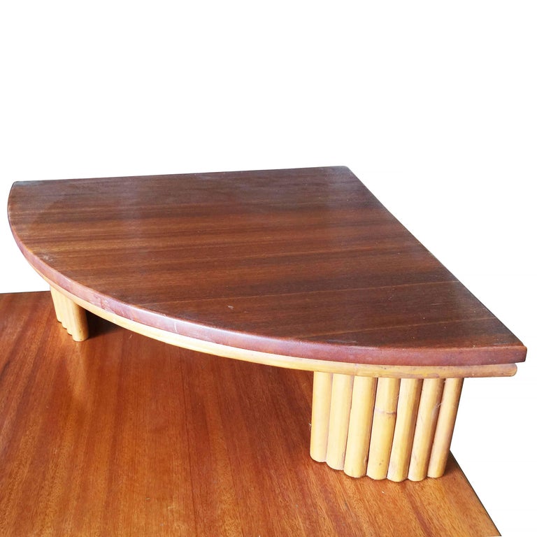 Restored Corner Side Table Two-Tier Pole Rattan with Mahogany Top and ...