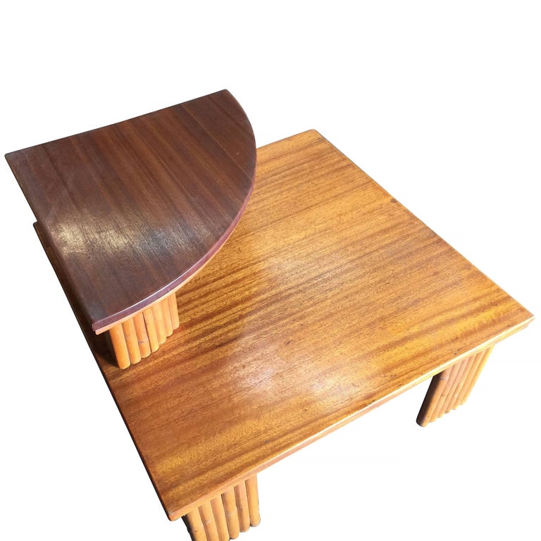 Restored Corner Side Table Two-Tier Pole Rattan with Mahogany Top and ...