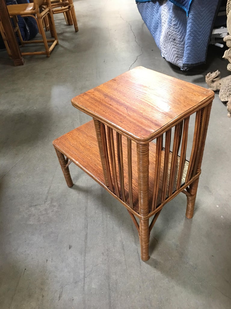 Restored Early Two-Tier Stick Rattan Side Table with Mahogany Tabletop ...