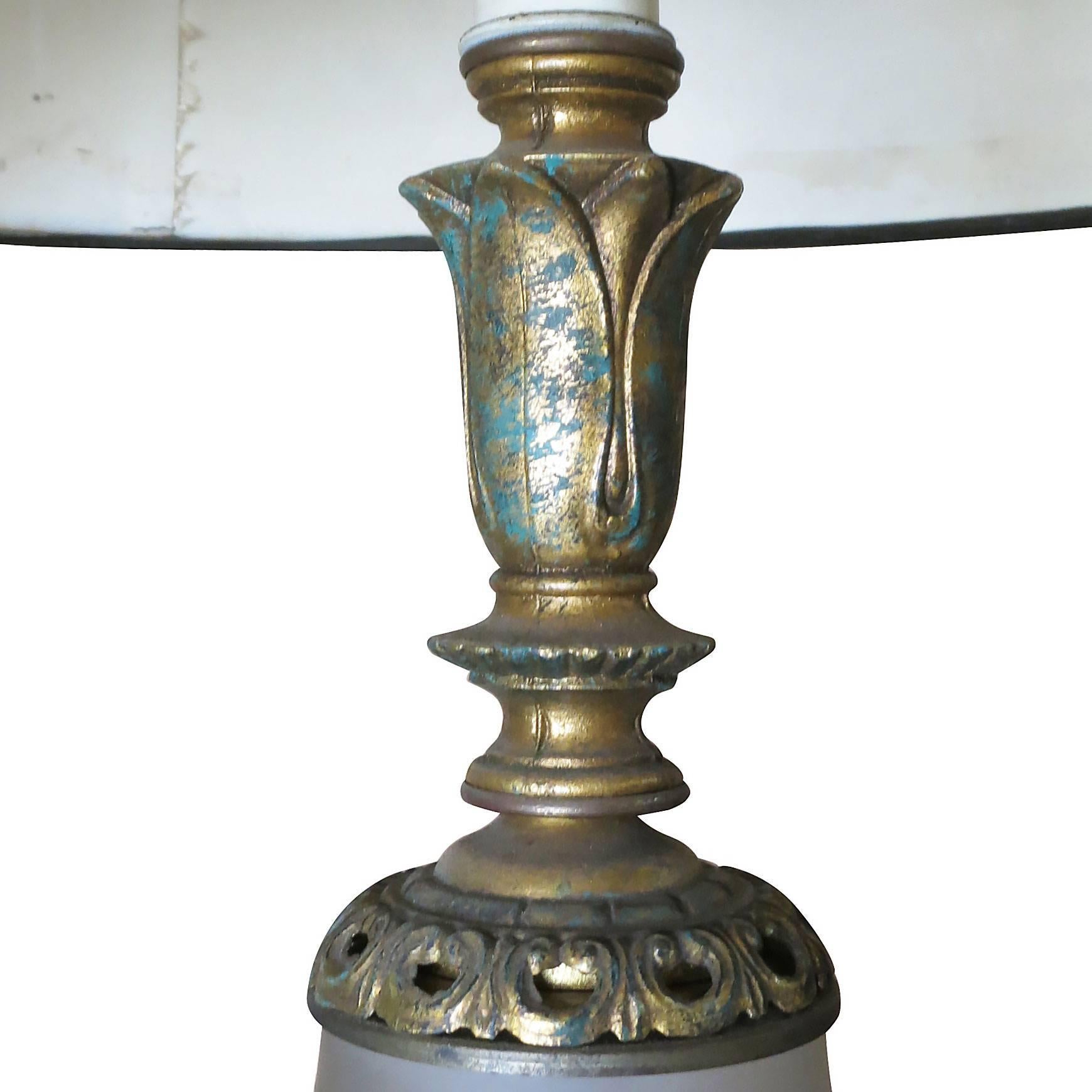 Hand Painted Impasto Frosted Glass Midcentury Table Lamp Pair with ...