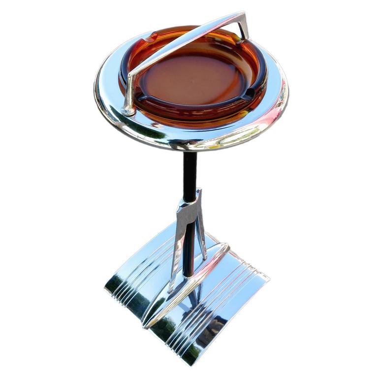 Chrome Art Deco Streamline Smoke Stand with Amber Ashtray at 1stDibs