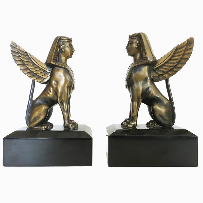 Egyptian Style Bronze Sphinx Griffin Bookend Sculpture Figurines at ...