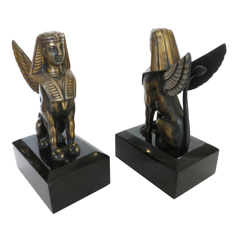 Egyptian Style Bronze Sphinx Griffin Bookend Sculpture Figurines at ...