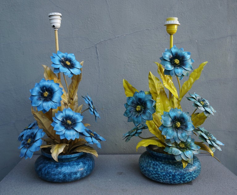 Two Metal Painted Flower Table Lamps at 1stDibs | metal flower lamp ...