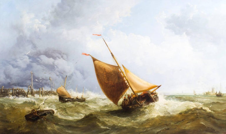 Antique Painting Large by James Webb Fishing Smack in Rough Seas, 1866 ...