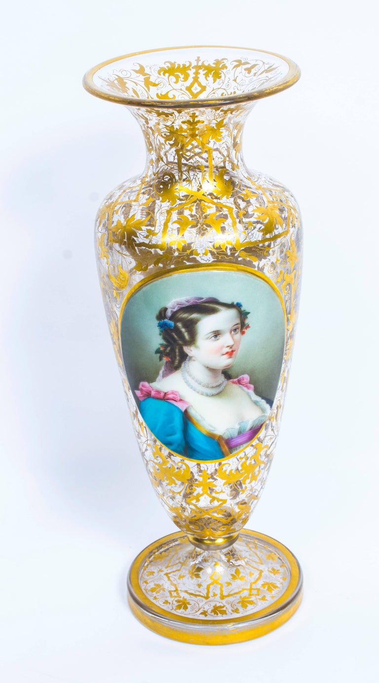 Pair of Bohemian Opaline Flashed Gilded Crystal Portrait Vases, 19th ...