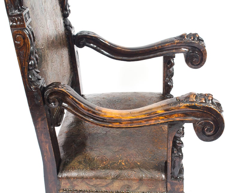 19th Century Pair of Carved Oak and Leather Gothic Throne Chairs at ...