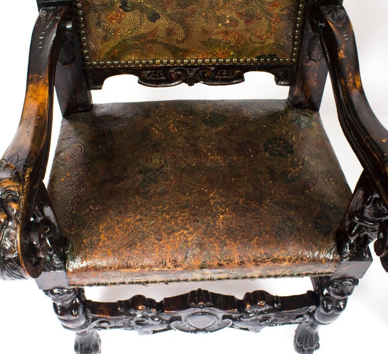 19th Century Pair of Carved Oak and Leather Gothic Throne Chairs at ...