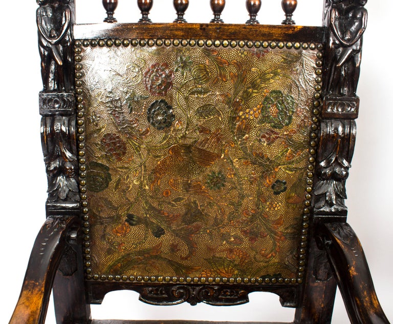 19th Century Pair of Carved Oak and Leather Gothic Throne Chairs at ...