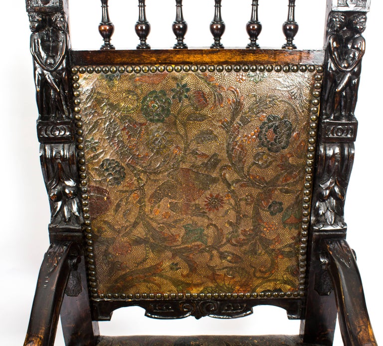 19th Century Pair of Carved Oak and Leather Gothic Throne Chairs at ...