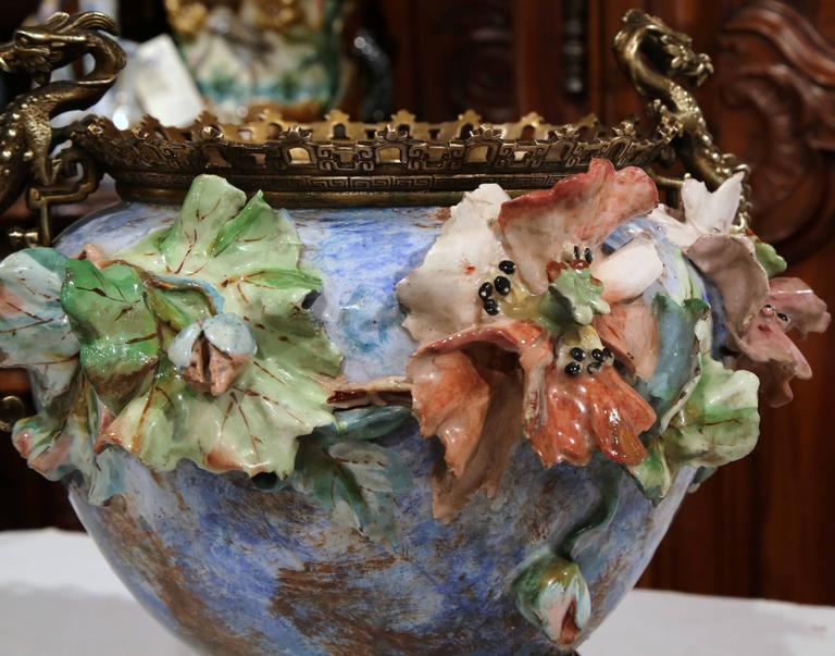 19th Century French Hand-Painted Barbotine Cache Pot with Bronze Mount ...