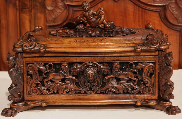 19th Century Spanish Carved Walnut Memory Box with Lions Cherub and ...