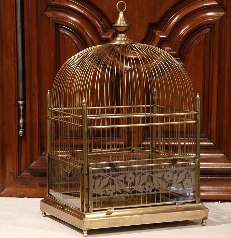 19th Century French Napoleon III Brass Birdcage with Painted Glass ...