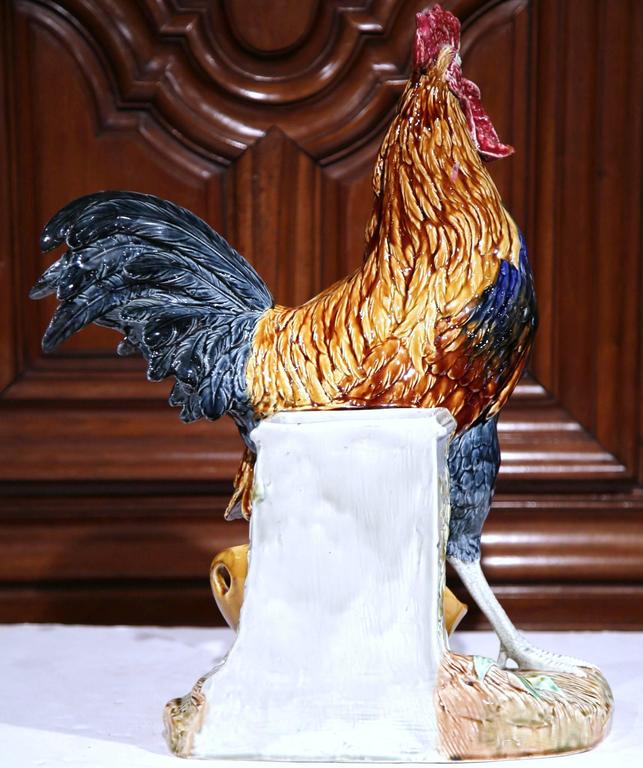 19th Century French Painted Ceramic Rooster with Vase Signed Carrier ...