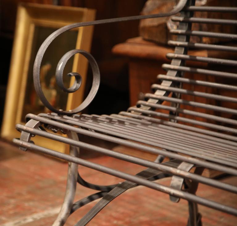 French Polished Iron Bench with Scrolled Arms and Hoof Feet Signed ...