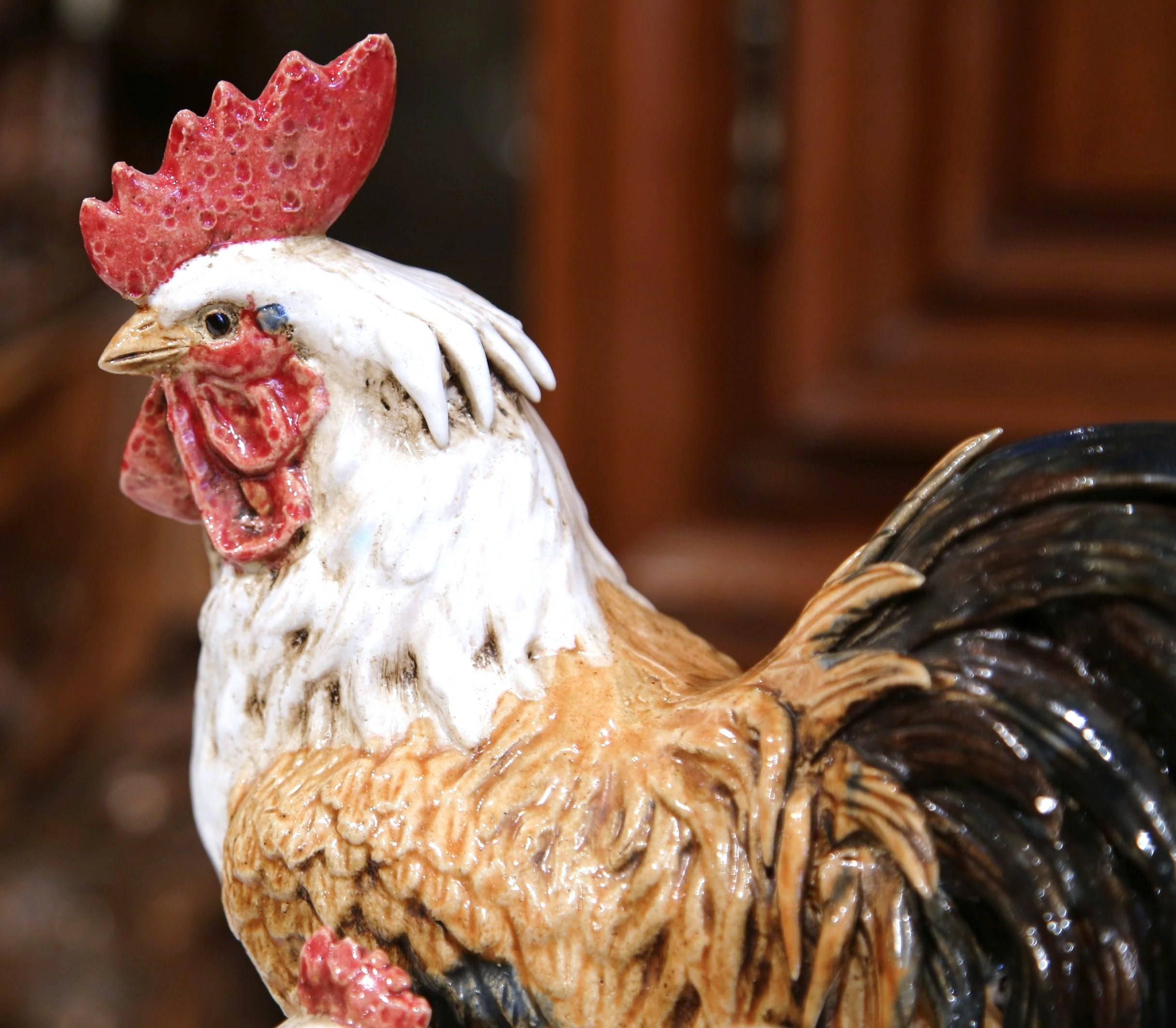 Colorful French Hand-Painted Barbotine Chicken Family Sculpture at 1stDibs