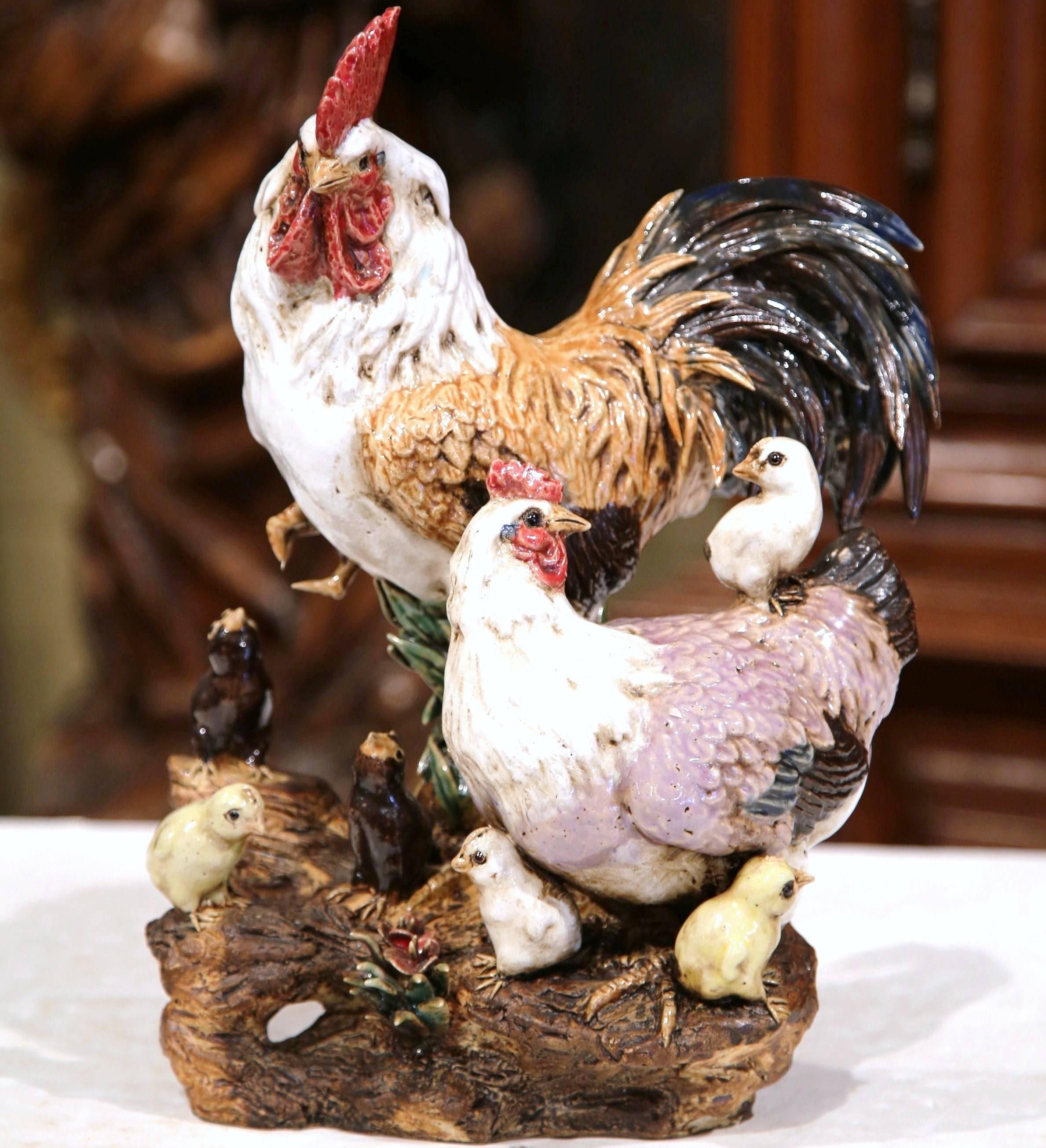 Colorful French Hand-Painted Barbotine Chicken Family Sculpture at 1stDibs