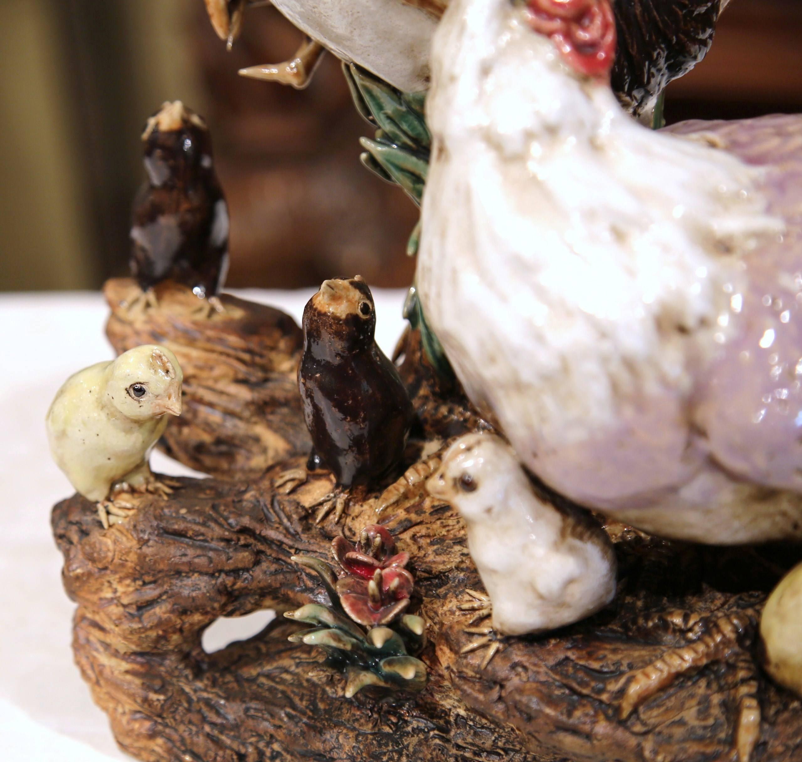Colorful French Hand-Painted Barbotine Chicken Family Sculpture at 1stDibs