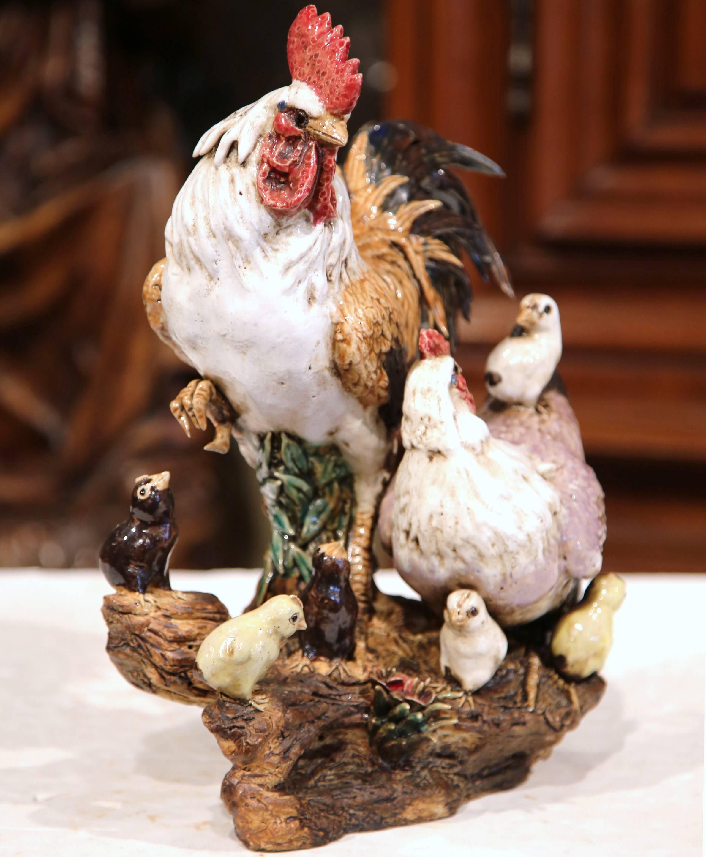 Colorful French Hand-Painted Barbotine Chicken Family Sculpture at 1stDibs
