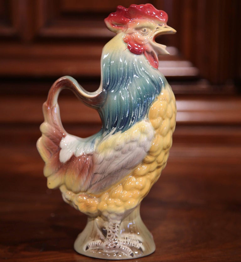 Two Early 20th Century, French Hand-Painted Barbotine Rooster Water ...