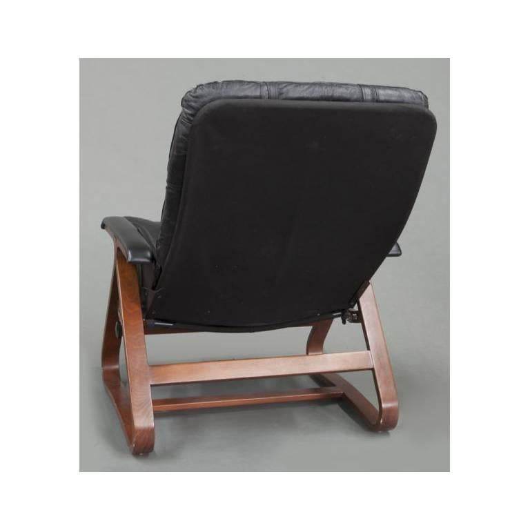 Contemporary Black Leather and Wood Reclining Armchair with Headrest at ...