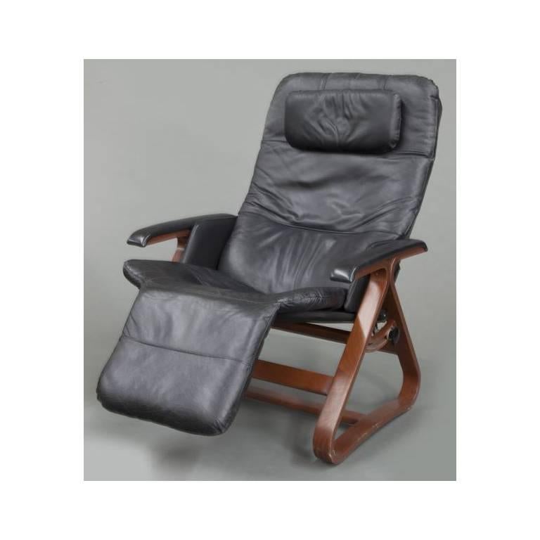Contemporary Black Leather and Wood Reclining Armchair with Headrest at ...