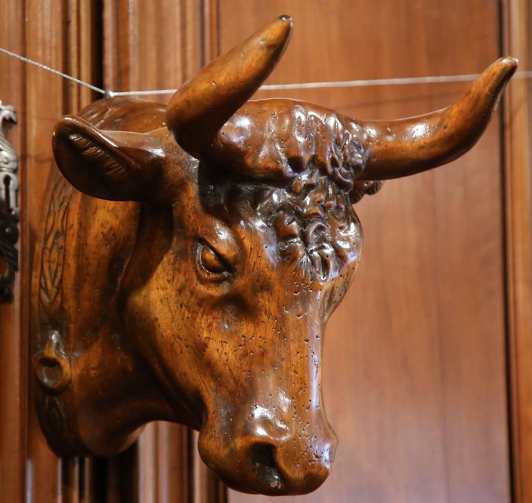 French Hand-Carved Walnut Patinated Cow Head with Collar at 1stDibs