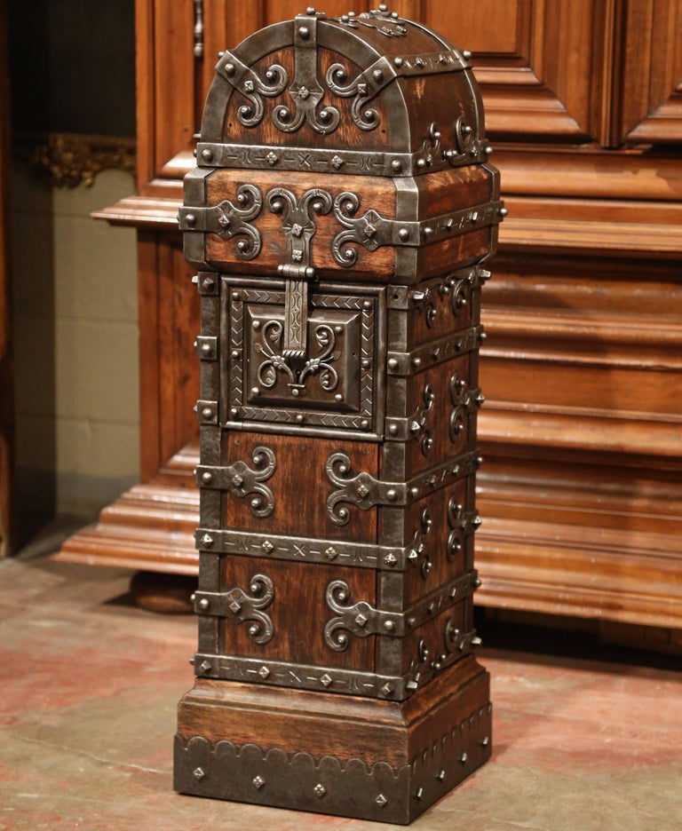 18th Century Spanish Wood and Iron Church Trunk Safe with Triple Lock ...