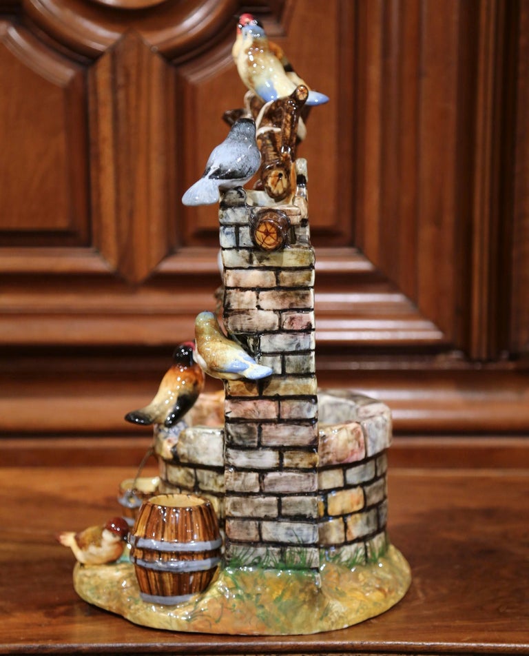 19th Century French Hand Painted Barbotine Well with Birds Stamped J ...