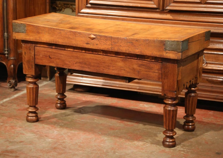 19th Century French Carved Butcher Block Table with Centre Drawer and ...