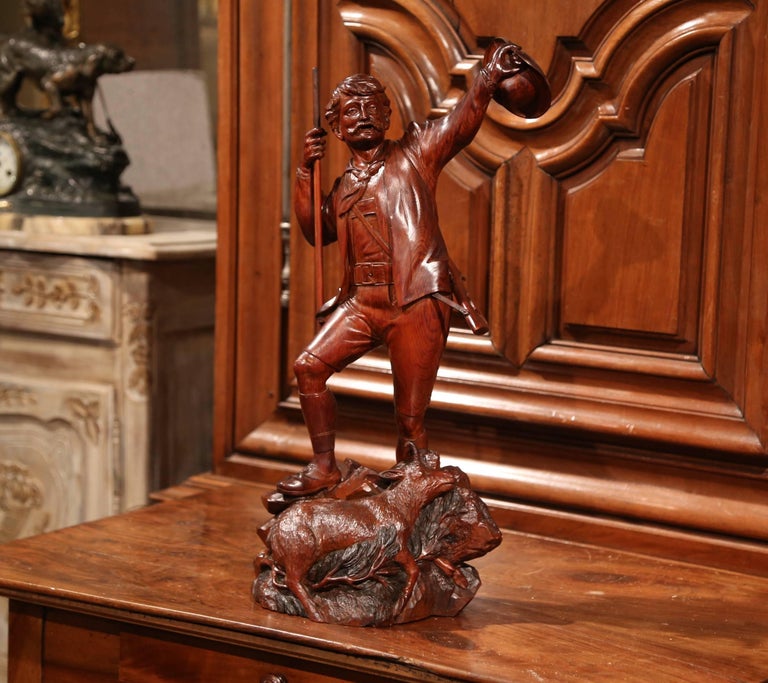 19th Century German Black Forest Carved Walnut Hunter Sculpture with ...